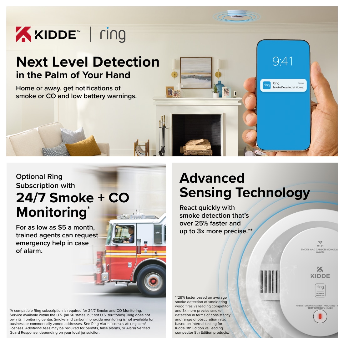 Kidde Hardwired Ring App Enabled Smart Smoke & Carbon Monoxide Detector, AA Battery Backup ...